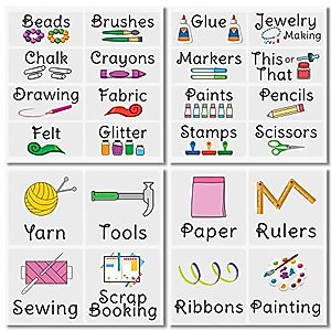 mDesign Home Organization Labels - Preprinted Label Stickers for Craft Room Storage and Cleaning - Household Organizing for Jars, Canisters, Containers, Bins, and Boxes - 24 Count - Clear/Black/Image