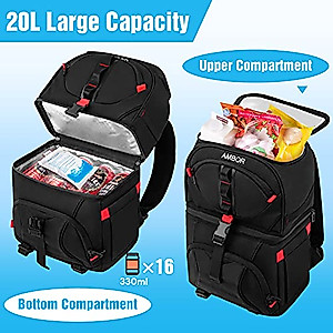 Cooler Backpack with 5 Ice Packs, 32 Cans Insulated Cooler Bag, AMBOR Large Capacity Lunch Backpack with Double Decks, Soft Lightweight Leakproof Cooler Backpack for Men Women Work/Hiking/Camping