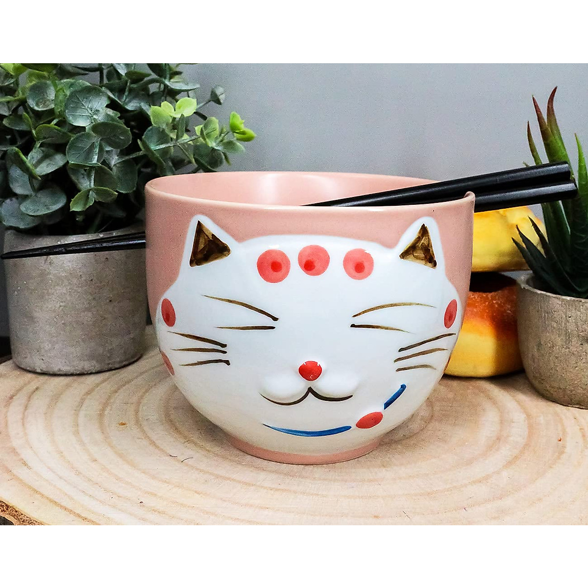 Ebros Whimsical Ceramic Peachy Pink Lucky Meow Cat Pasta Ramen Udong Pho Noodles Soup Bowl and Chopsticks Set Dining Gourmet Meal Feline Cats Collection Rice Bowls Decor Kitchen
