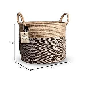 ZOES HOMEWARE 14"x12" Natural Jute Rope Woven Storage Basket with Handles for Plant, Blankets,Toys,Clothes,Shoes - Living Room Home Decor,Multifunctional Basket for Organizer,Picnic,Artificial Tree