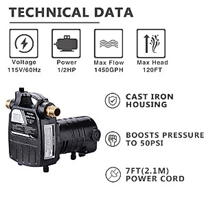 EXTRAUP 115Volt 1/2HP 1500 GPH Heavy Duty High Pressure Cast Iron Casing Water Transfer Utility Pump With Brass Connectors and Suction Strainer