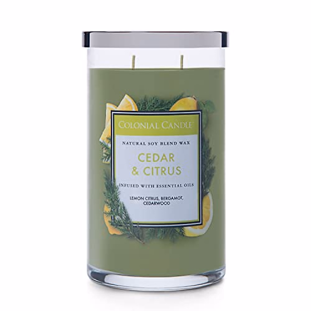 Colonial Candle Cedar & Citrus Scented Jar Candle, Classic Cylinders Collection, 2 Wick, Green, 19 oz - Up to 120 Hours Burn