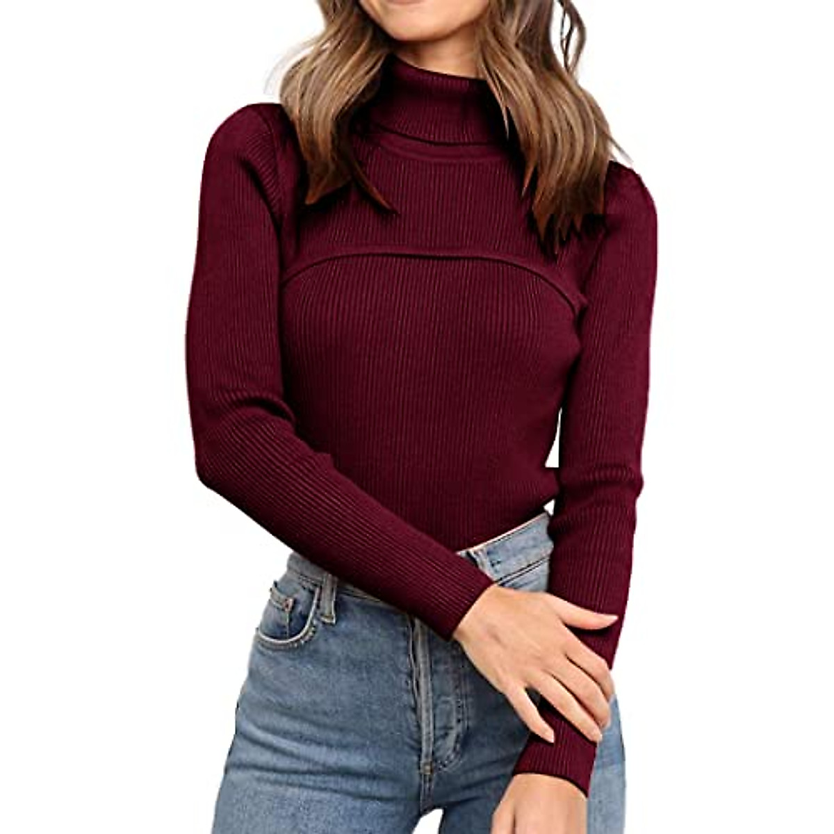 PRETTYGARDEN Women's Fall Fashion Turtleneck Pullover Sweaters Casual Long Sleeve Cable Knit Fitted Jumper Tops (Wine Red,Medium)