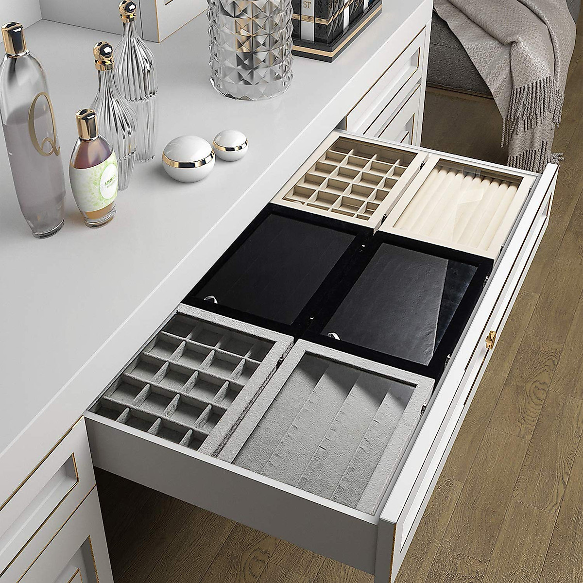 Frebeauty Jewelry Organizer Tray with Clear Lid 24 Grid Velvet Drawer Insert Jewelry Storage box with Transparent Glass lid Jewelry Display Case with Lock Gifts for Girls Women (Black, 24 Grid)