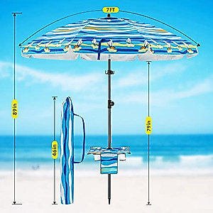 Magiea 7ft Beach Umbrellas For Sand Heavy Duty Wind, Portable Beach Umbrella UPF 50+ Windproof Outdoor Beach Umbrella with Sand Anchor, Tilt Pole, Carry Bag, Table Tray, Vent and Hook