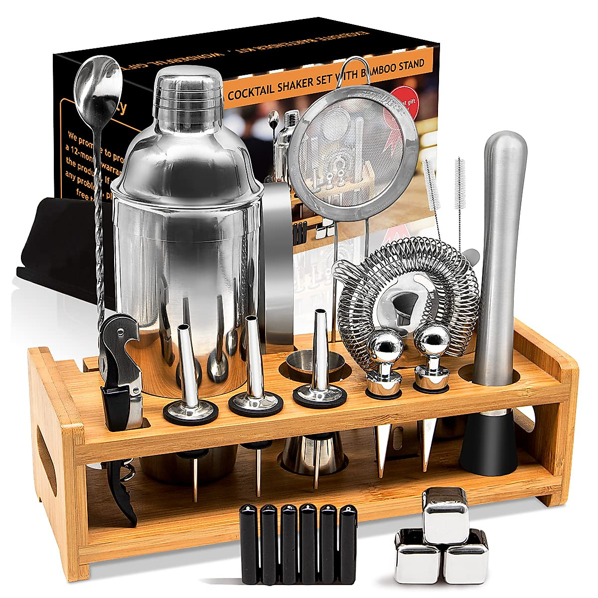 27-Piece Bartender Kit Cocktail Shaker Set | Stainless Steel Bar Set with Bamboo Stand Bar Tools Cocktail Kit for Christmas Drink Mixing,Home Bar Party Gift Bartending Kit Grey