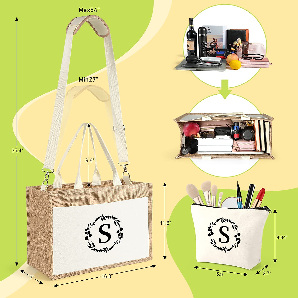 Birthday Gifts for Women Mothers Day Gifts for Mom Wife Grandma Daughter Sister Bridesmaid Initial Jute Tote Bag and Makeup Bag C