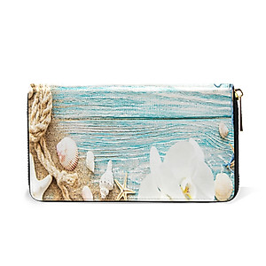 Beach Seashell Starfishes Leather Long Wallet Organizer with Zipper Purse Clutch Bag for Women Men