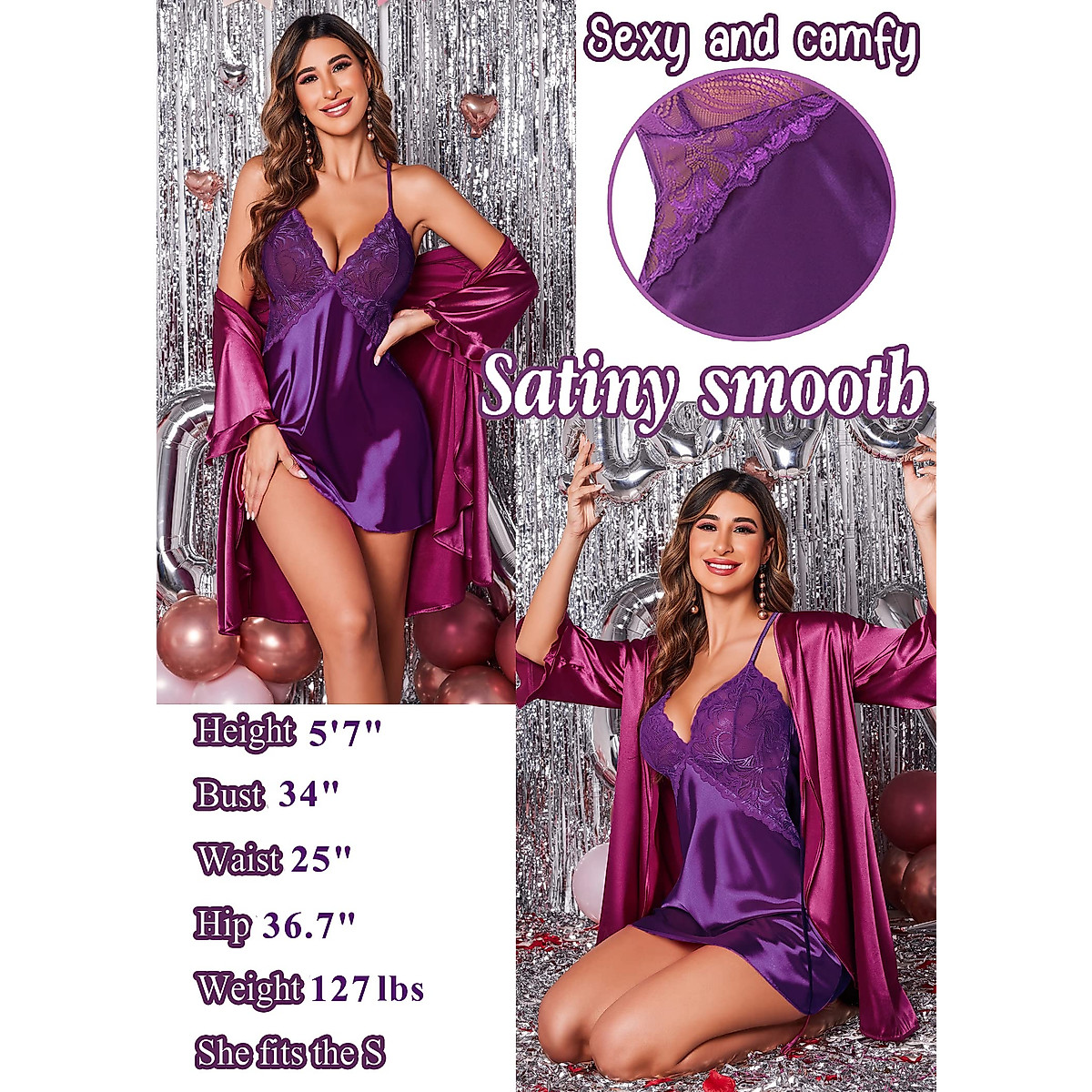 Avidlove Women Lingerie V Neck Nightwear Sexy Satin Sleepwear Lace Chemise Mini Teddy S, Purple