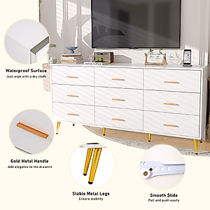 jiteentarou 9 Drawer Dresser for Bedroom, 63” Long Dresser with Charging Station, Modern Chest of Wide Drawers with Gold Handles & Storage Pocket, Wood Dresser for Kids Bedroom, Hallway, White