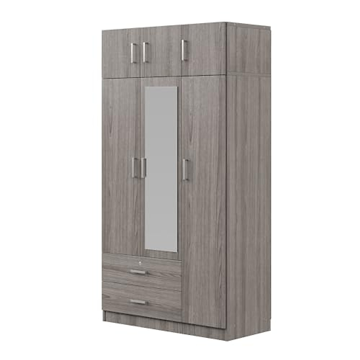 LOUHME Modern 3-Door Wardrobe with Full-Length Mirror – Features 2 Drawers, Top Cabinet, Shelving, and Hanging Rod for Bedroom Storage, Gray