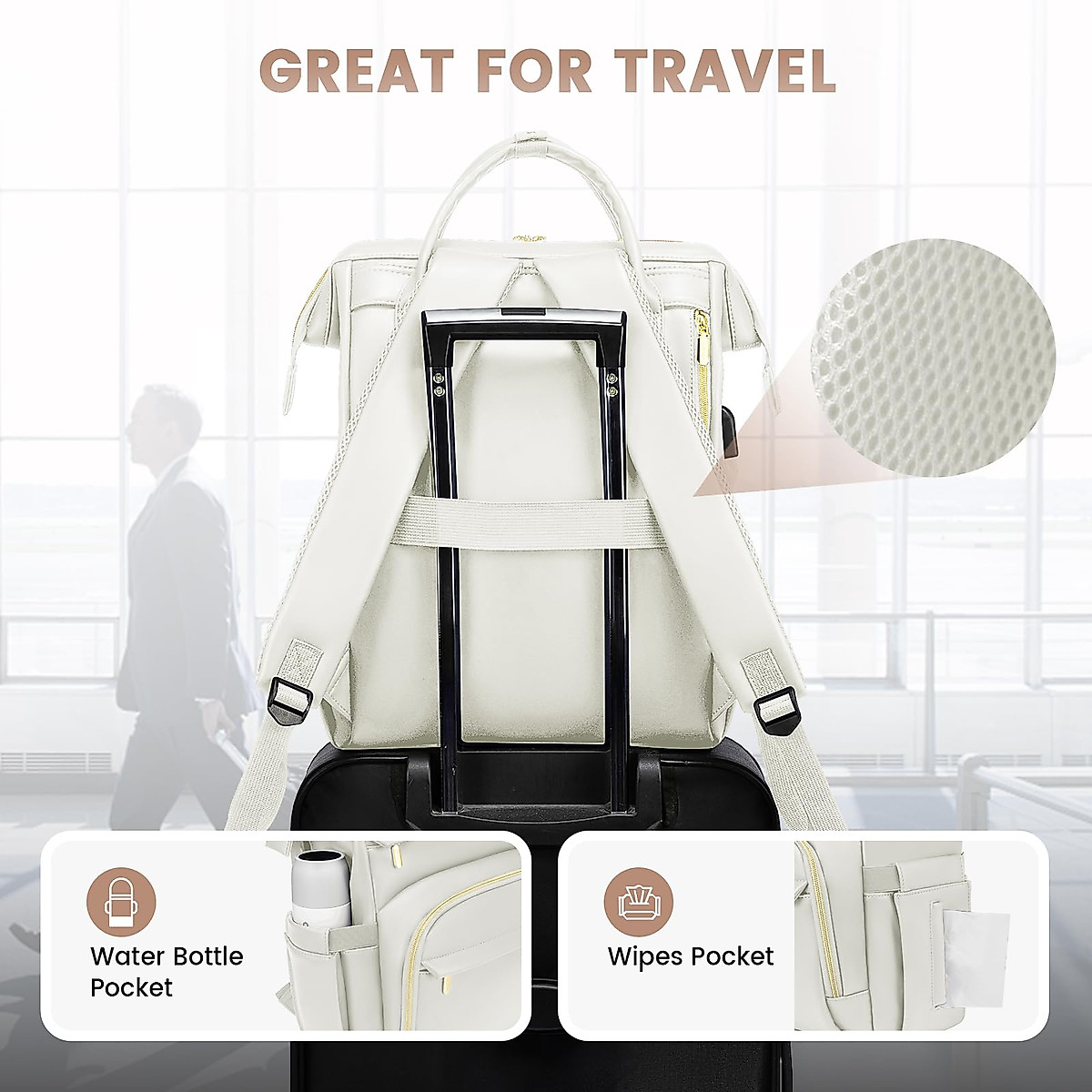 LOVEVOOK Leather Laptop Backpack for Women 17 inch,Travel Backpacks Purse Nurse Teacher Backpack Computer Laptop Bag,Professional College Business Work Bags Carry On Backpack with USB Port,Beige White