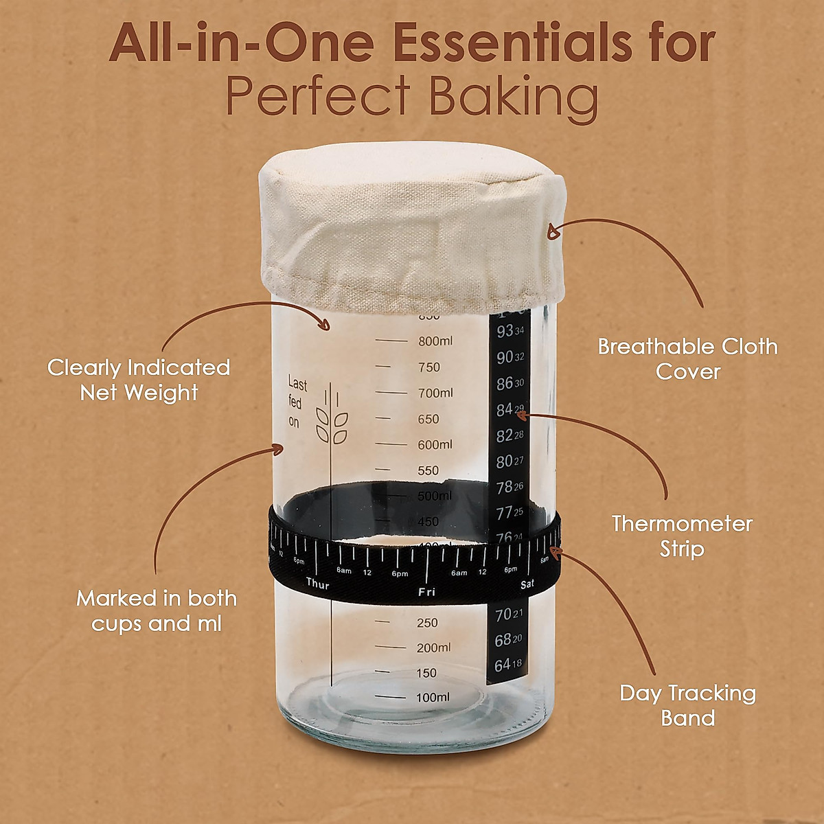 SourDough Starter Jar Kit Large 34oz. Wide Mouth Glass Jar with Scraper, Spatula, Cloth Cover, Feeding Band, Aluminum Lid, Temperature Strip, Instructions, Home Bread Baking Supplies, Fermentation Jar