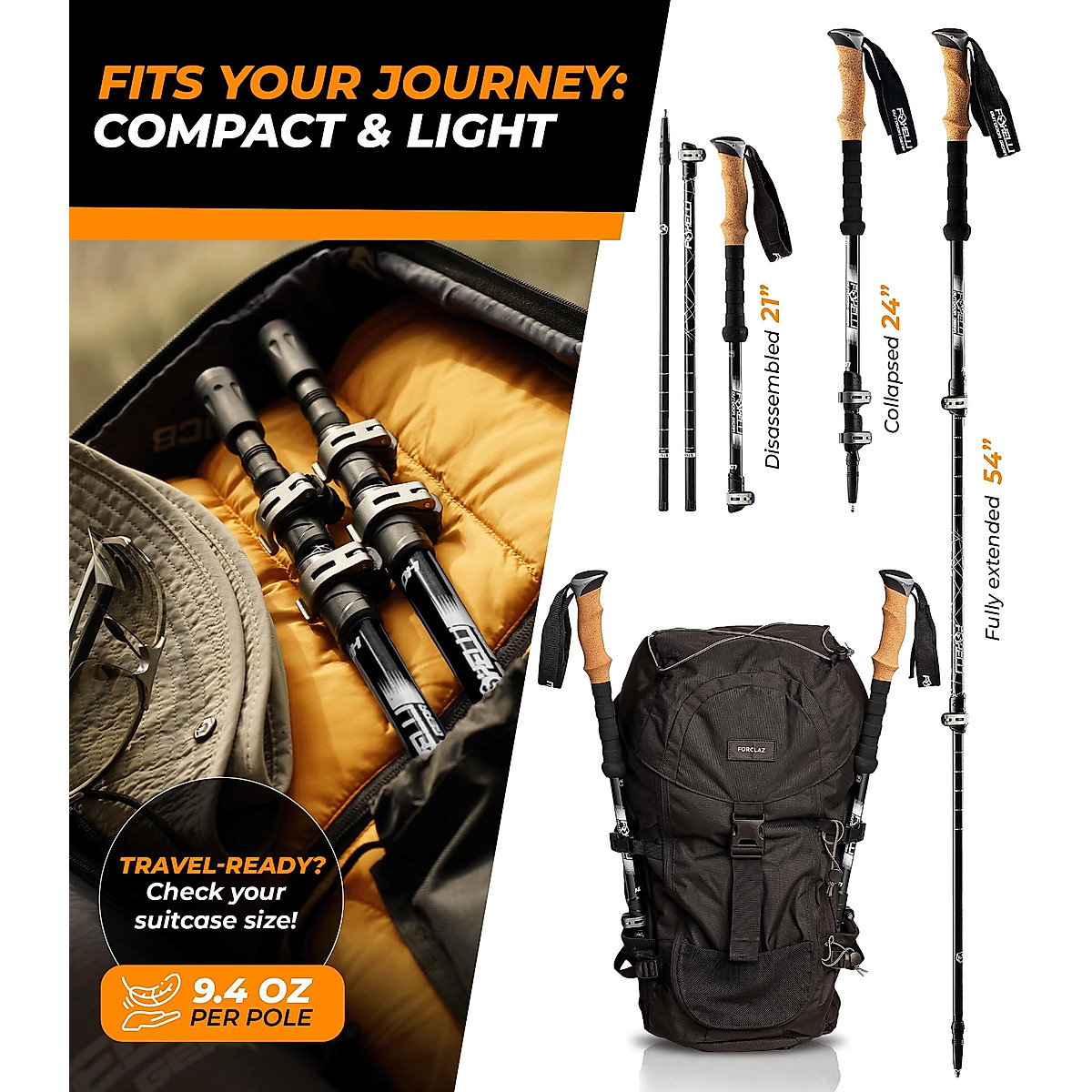 Foxelli Hiking Poles – Lightweight & Collapsible with Comfortable Cork Grips, Easily Adjustable for All Heights, Includes Carry Bag and Accessories