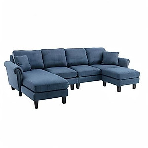 Olela U Shaped Modular Sectional Sofa for Living Room, Oversized Deep Seat Sofa Modern Linen Upholstered Sectional Couch with Chaise Lounge and Comfy Backrest (Navy)