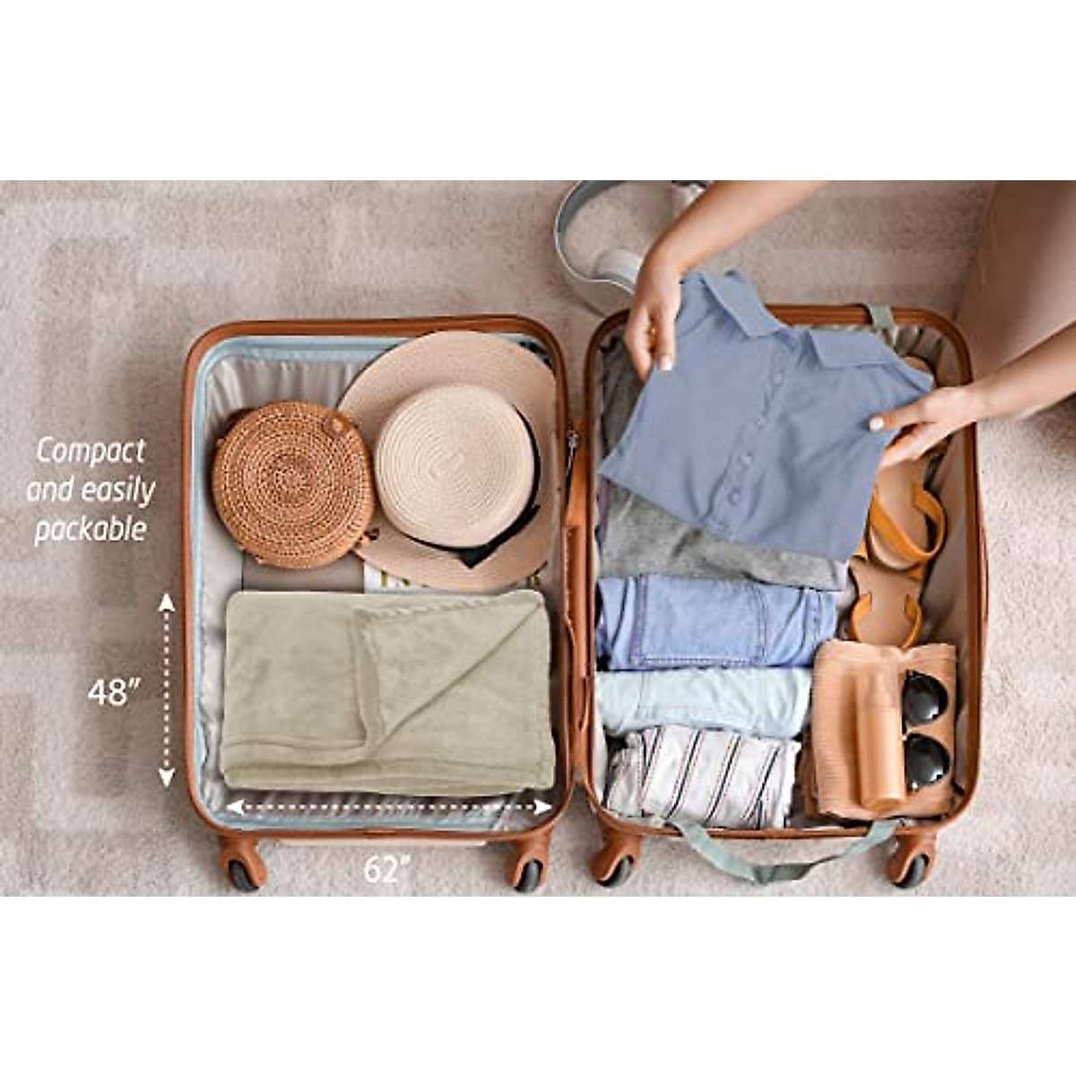 BELL+HOWELL, Cream Colored Travel Blanket for Airplane / or Use as a Throw Blanket for Home, Ultra Soft Materials, Machine Washable, Carrying Case Included