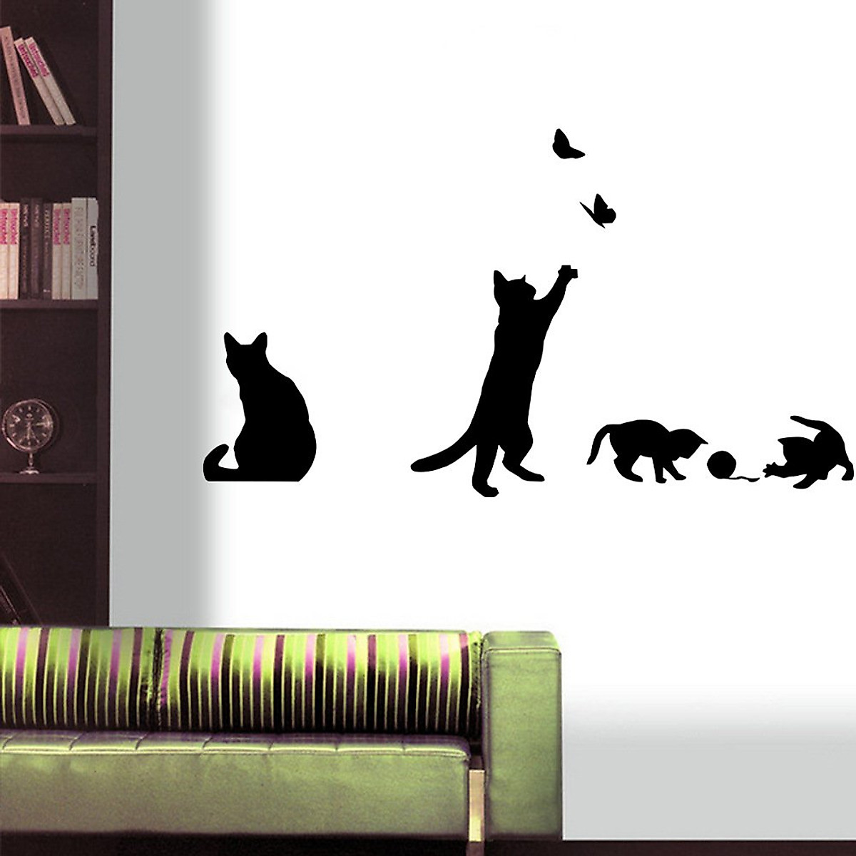 DNVEN Cats Decals Cats Playing Cathing Butterfly Silhouette Children Animals Kids Wall DIY Vinyl Removable Stickers Murals for Kids Rooms Children's Rooms Bedrooms Nursery 37 inches x 21 inches