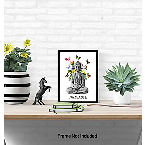 Namaste Buddhism Buddha Statue Wall Art Print - 8x10 Photo, Home Decor, Meditation Room, Spa or Yoga Studio Decoration - Boho Zen New Age Gift - Unframed Butterfly Poster Picture