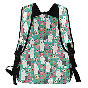 Monikar Cute Old English Sheepdog Dogs Lovers Green Flower Floral Animals Dog Backpack Durable Waterproof Light Cozy Laptop Bag Print Backpacks For Women Men Teens School Bookbag Travel Birthday Gift