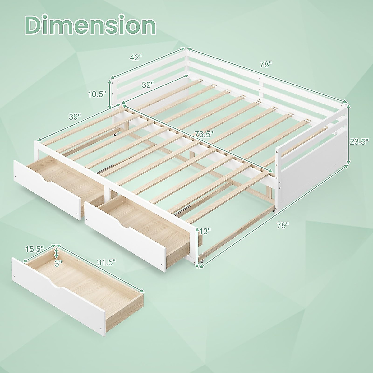 KOMFOTT Wood Daybed with Trundle, Extendable Twin to King Daybed Frame with 2 Storage Drawers, Space Saving Dual-use Sofa Daybed for Bedroom, Guest Room, No Box Spring Required (White)