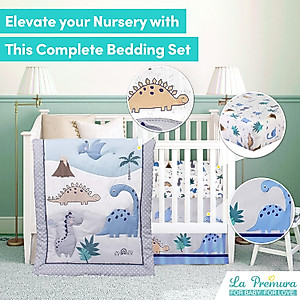 La Premura Baby Crib Bedding Set for Boys – Dinosaur 3 Piece Standard Size Nursery Crib Comforter Set, Grey/Blue - Unisex Baby Nursery Bedding and Neutral Decor