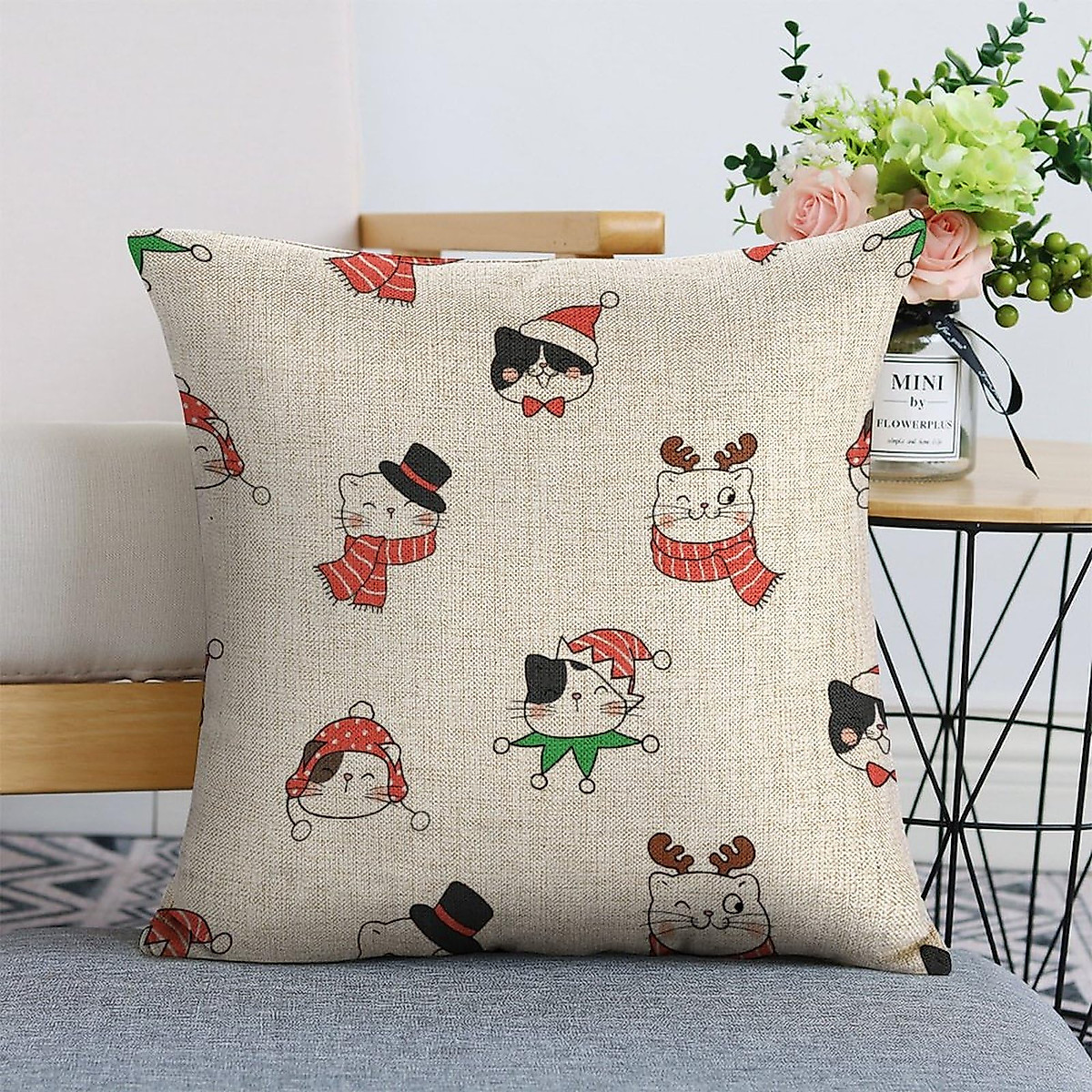Happy Face Cats Christmas Throw Pillow Covers 18×18 Pillowcases Set of 2 Winter Doodles Linen Decorative Square Pillow Case Cushion Covers Standard Size for Sofa Couch Outdoor Bed Pillow Protectors