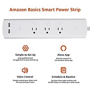 Amazon Basics Smart Plug Power Strip, Surge Protector with 3 Individually Controlled Outlets and 2 USB Ports, 2.4 GHz Wi-Fi, Works with Alexa