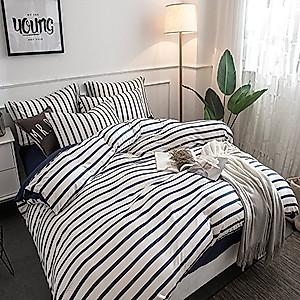 Merryfeel Cotton Duvet Cover Set,100% Cotton Jersey Knit Striped Duvet Cover and Pillowshams,3 Pieces Bedding Set - (Queen,Navy Stripe)