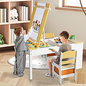Kinder King Kids Art Table & Easel Chair Set, 3 in 1 Wood Children Activity Table, 6 Storage Bins, Paper Roll, Paint Cups, Toddler Craft and Play Table for Art, Drawing, Reading, Playroom, Natural