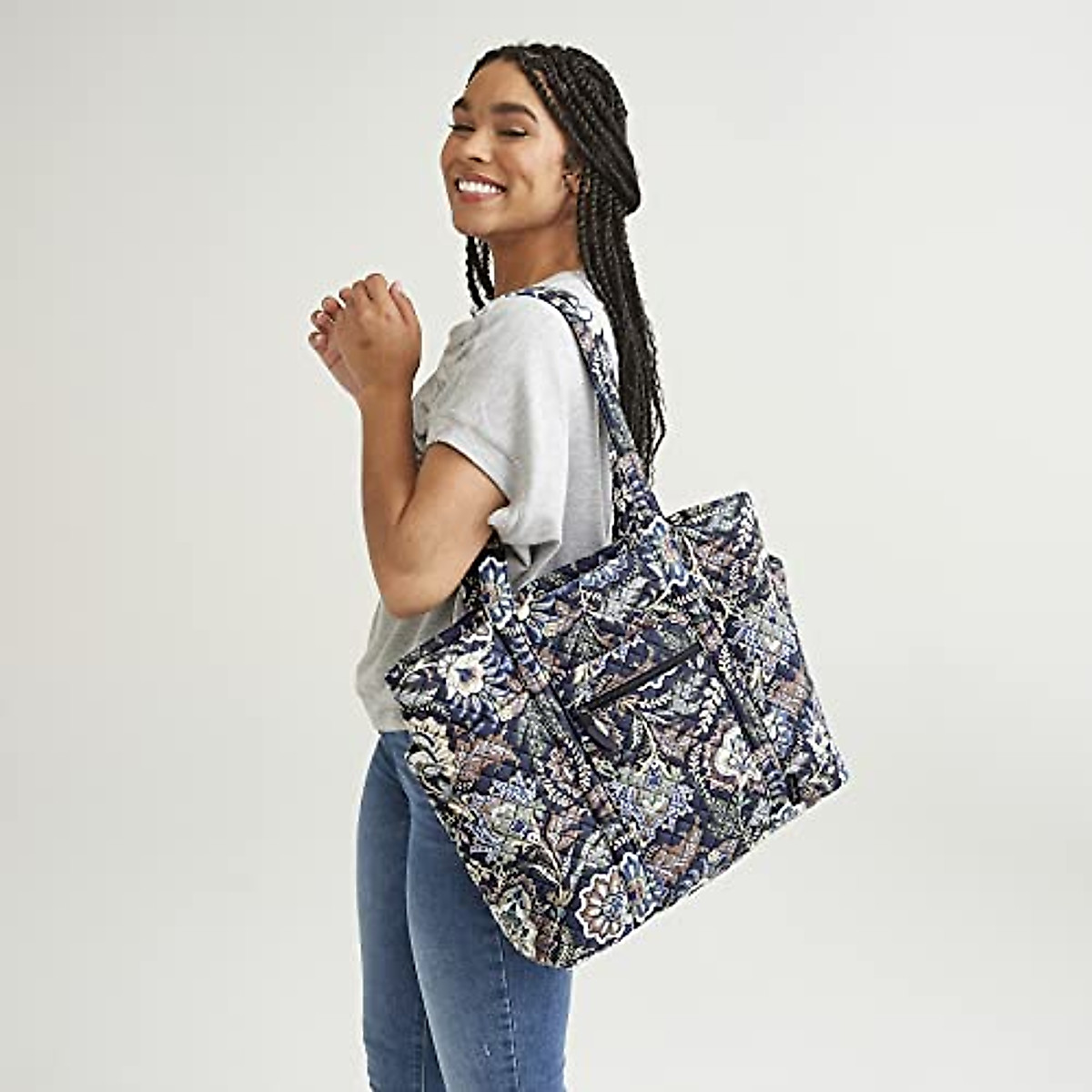 Vera Bradley Women's Cotton Deluxe Vera Tote Bag, Fresh-Cut Floral Green, One Size