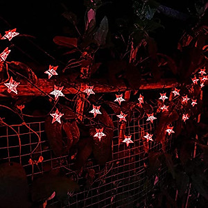 Abkshine Solar Powered Red Lights String, Halloween Outdoor Decorative LED Star Shaped String Lights for Garden Pathway Patio Christmas Tree Decorations
