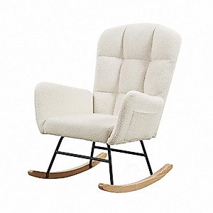 hansones Nursery Rocking Chair,Upholstered Glider Chair with High Backrest Armchair Chair for Living Room Bedroom Offices (Cream White Teddy)