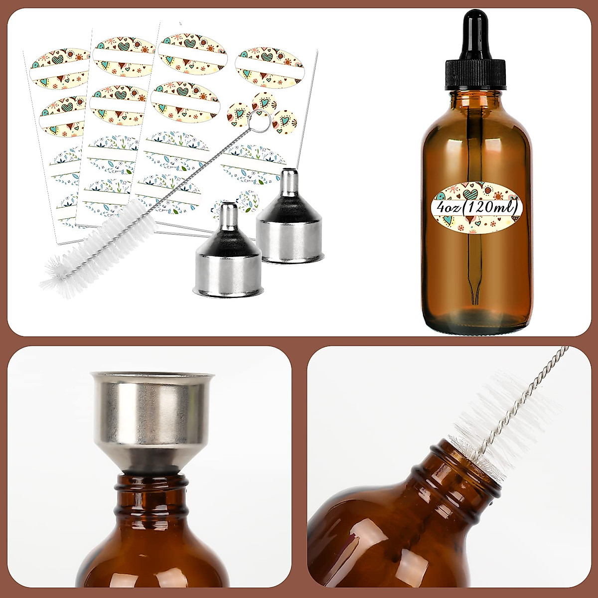 CycleMore 16 Pack (120 ml) 4 oz Amber Glass Boston Bottles with Glass Eye Droppers, Glass Dropper Bottles for Essential Oils & Lab Chemicals & More Liquids Ideal for Mom & Friends