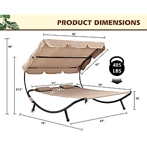 Grepatio Double Chaise Lounge Bed with Adjustable Canopy Outdoor Lounger Bed with Wheels Large Patio Hammock Daybed with 2 Pillow for Garden, or Poolside Sun Room
