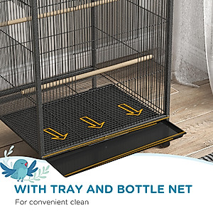 Pawhut Metal Bird Cage with Stand for Parrots, Lovebirds, Finches, Large Bird Cage with Swing, Stainless Steel Bowls, Removable Tray for Small Birds, Gray