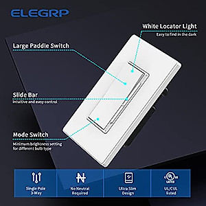 ELEGRP Digital Dimmer Light Switch for 300W Dimmable LED/CFL Lights and 600W Incandescent/Halogen, Single Pole/3-Way LED Slide Dimmer Light Switch, Wall Plate Included, UL Listed, 6 Pack, Matte White
