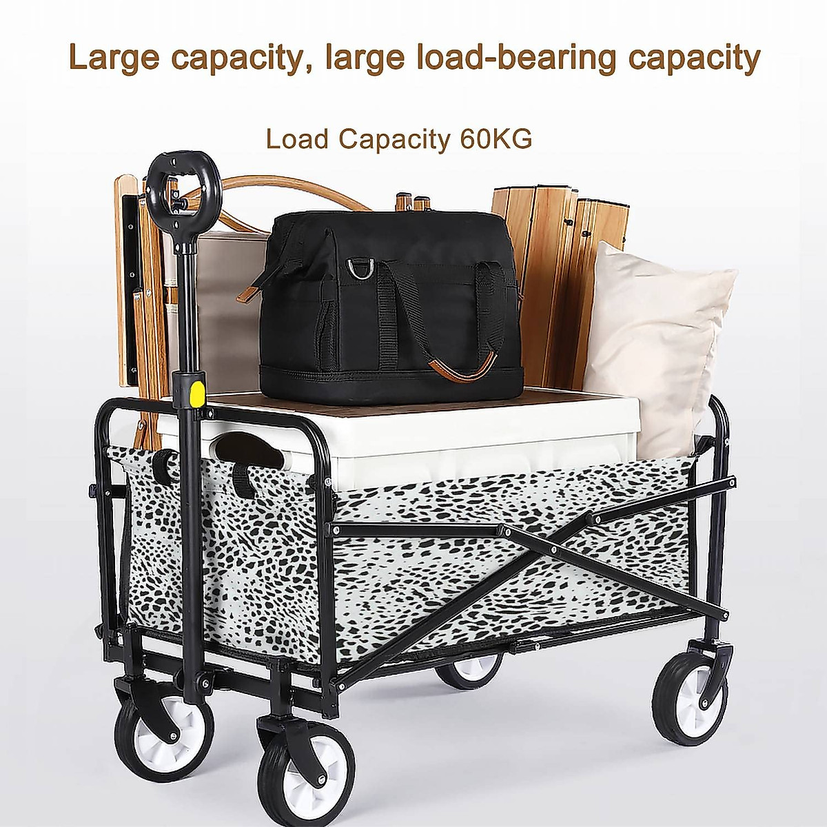 Outdoor Collapsible Wagon Seamless Black White Fur Stylish Fashionable Wild Leopard Cheetah Camping Shopping Garden Cart Heavy Duty Wagon Adjustable Portable Utility Folding Wagon with Wheels