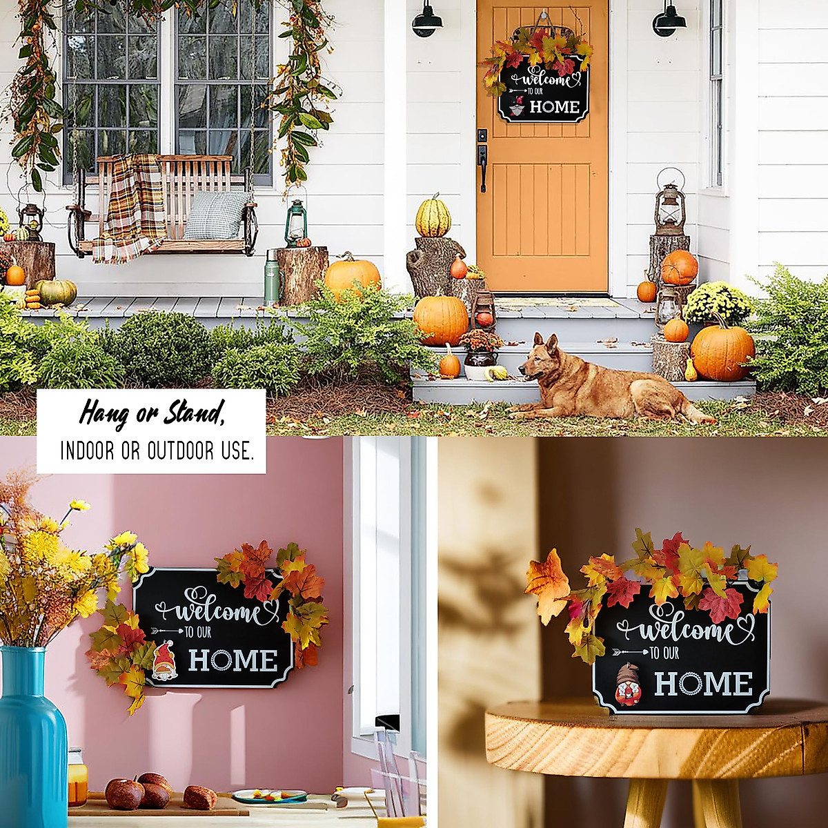 16 Inch Seasonal Welcome Sign Wreaths for Front Door with 12 Holiday Gnomes Interchangeable,Fall Decor Hanging Porch Door Signs,DIY Long Maple Garland (Black)