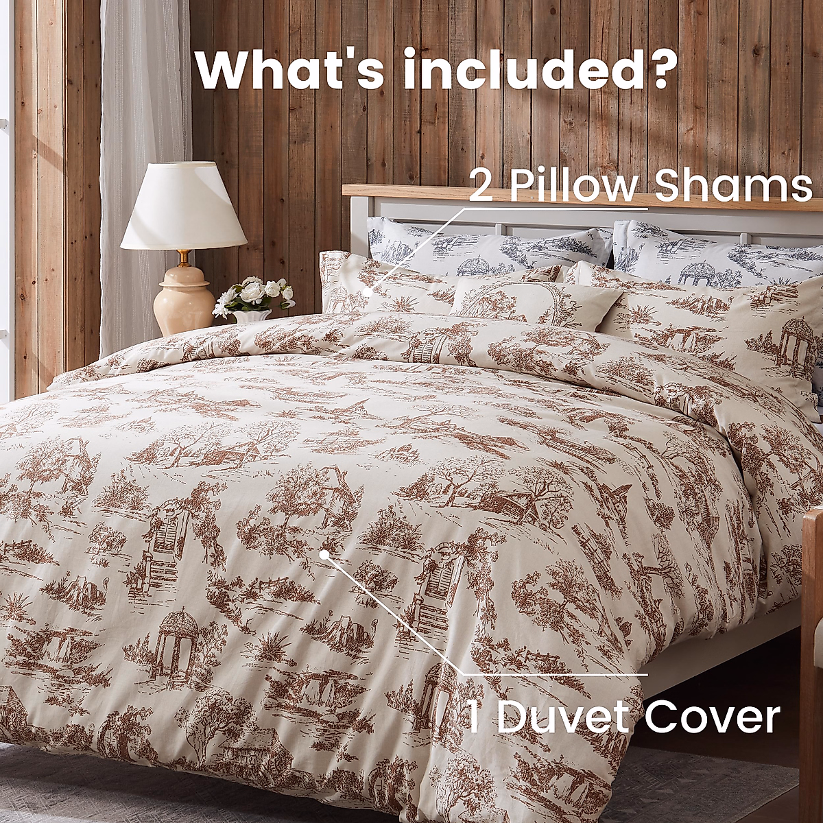 BISELINA Vintage Linen Duvet Cover Set Landscape Printed Pattern 3pcs (1 Comforter Cover, 2 Pillow Shams)- Natural Flax Cotton Blend Reversible Breathable Retro Country Bedding - Coffee, Queen