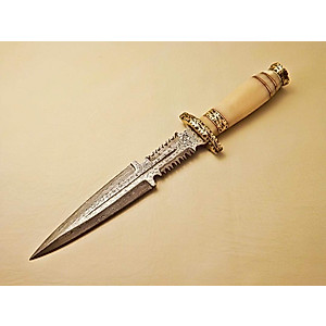 Skokie Knives Handmade Damascus Steel Dagger Knife - :Original Camel Bone Handle - with Brass Spacer and Red Fiber Sheet