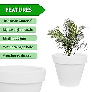Elly Décor 18-inch Tall Classic Plastic Planter with Drainage Hole, Plant Pot, Lightweight & Durable, Gardening Flower Pot Traditional Plastic Pot 18" x 17", White