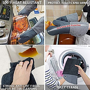 Professional Microwave Silicone Oven Mitts Yarn-Dyed 1 Pair and Kitchen Towels 2 pcs, Kitchen Lines Set for Heat Resistant with 500 Degrees of Kitchen Gloves Pot Holder for BBQ Cooking Baking