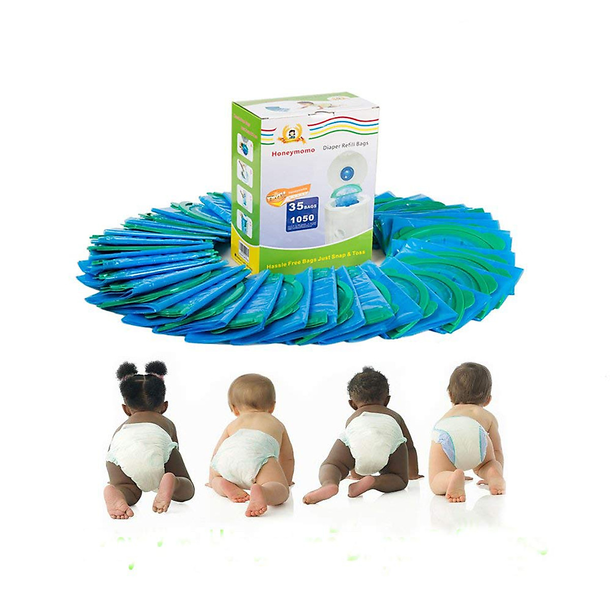 Honeymomo 35 One Box Baby Bathing Diaper Refill Bags With Blue Bags Green Ring,1050 Count Disposal Snap Seal Diaper Pail Liners,Fully Compatible with Arm&Hammer Disposal System