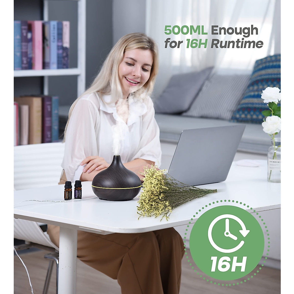 SEDAVY Oil Diffuser, 500ml Aromatherapy Diffuser with 6x10ml Included, 7x2 Colorful LED Night Light, 23dB Quiet BPA-Free Essential Oil Diffusers for Home, 16H Lasting, 4 Timers, Auto Off, Black