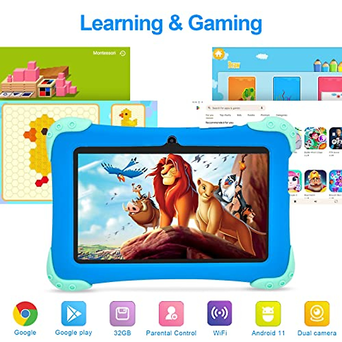 Fivahiva Kids Tablet 7 inch Tablet for Kids 2-12 Android 11 Go Quad-core 2GB+32GB Dual Camera Parental Control Pre-Installed iWawa Learning Game Software Toddler Tablet with Drop-Proof Case