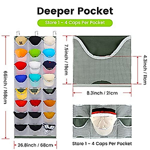 Hat Racks for Baseball Caps, Baseball Hat Organizer Ball Cap Holder with 24 Breathable Mesh Pockets, Hat Storage Hanger with 4 Metal Hooks and 3 Adhesive Velcro Strips