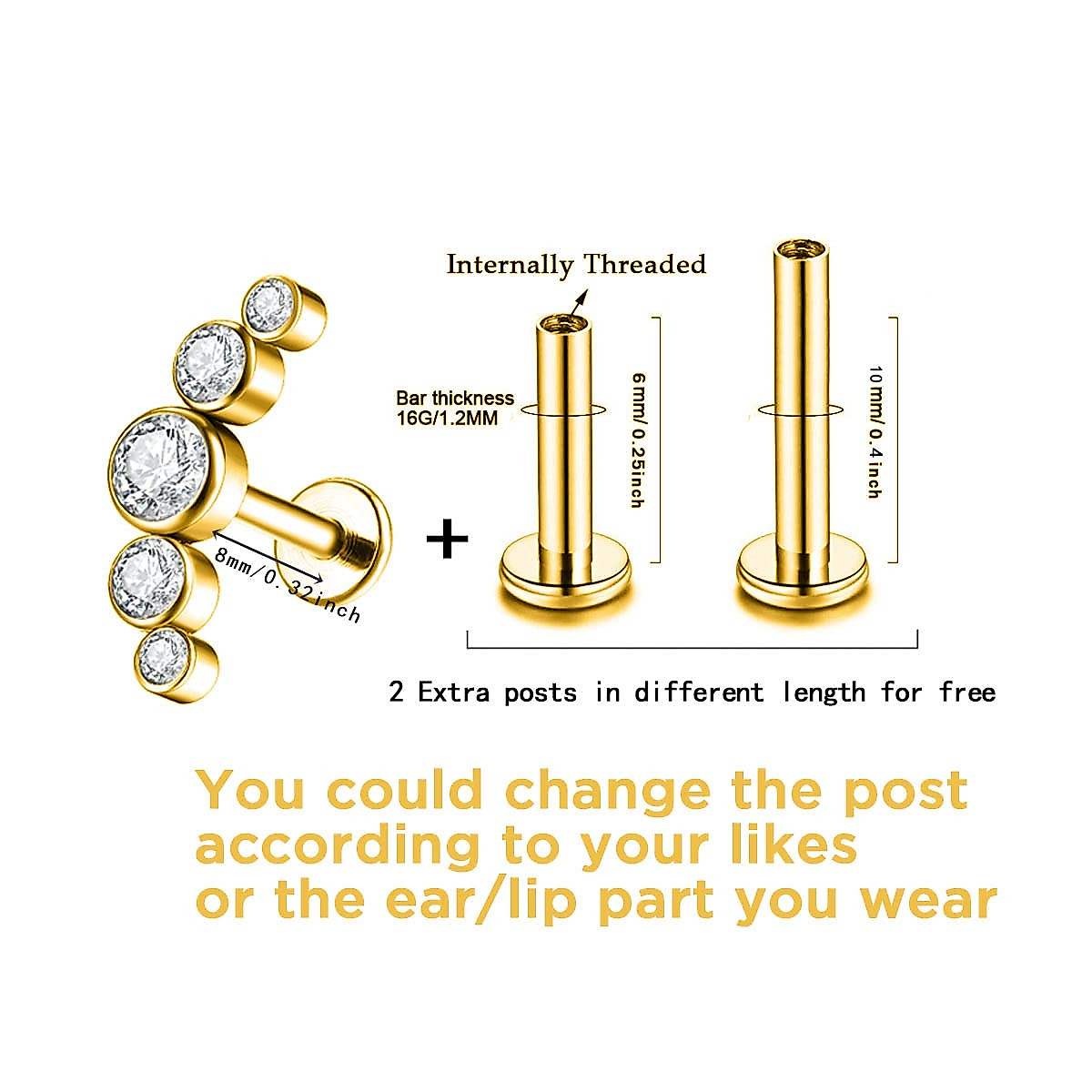 Gnoliew 16G 316L Stainless Steel Labret Monroe Lip Ring Studs Cartilage Helix Tragus Conch Daith Nose Piercing Jewelry (16g Gold)