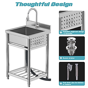 AUPOPP Utility Sink, Stainless Steel Outdoor Sink for Laundry Bar Restaurant, Free Standing Commercial Sink Portable Kitchen Sink Station with Pull-out Faucet, Cold/Hot Water for Farmhouse, Garage