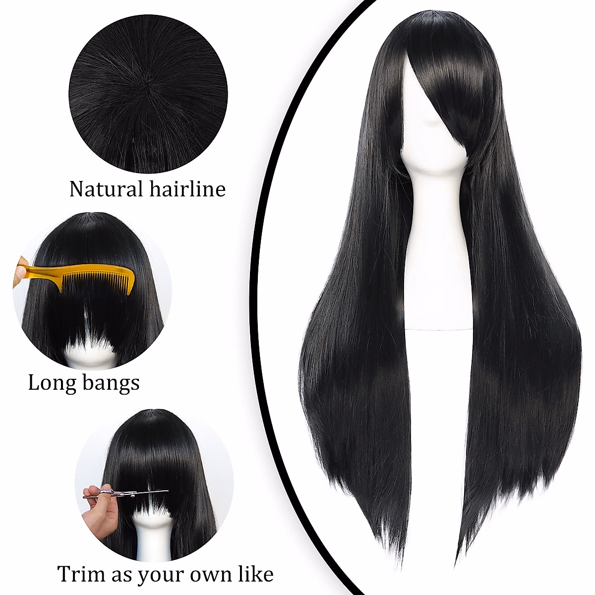 ANOGOL Hair Cap+32Inch/80cm Long Straight Black Wig Cosplay Synthetic Wig Long Black Wig with Bangs Peluca Negra Cosplay Wig for Halloween Anime Hair for Women Costume Party