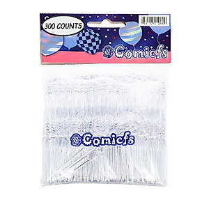 Comicfs 300pcs Disposable Plastic Fruit Forks, 4" Forks Bistro Cocktail Forks Tasting Appetizer Forks Set Toothpick Forks Portable Salad Fruit Forks Mini Cake Forks (Clear)